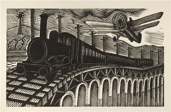 Eric Ravilious | Steam train and Aeroplane (1935) | MutualArt