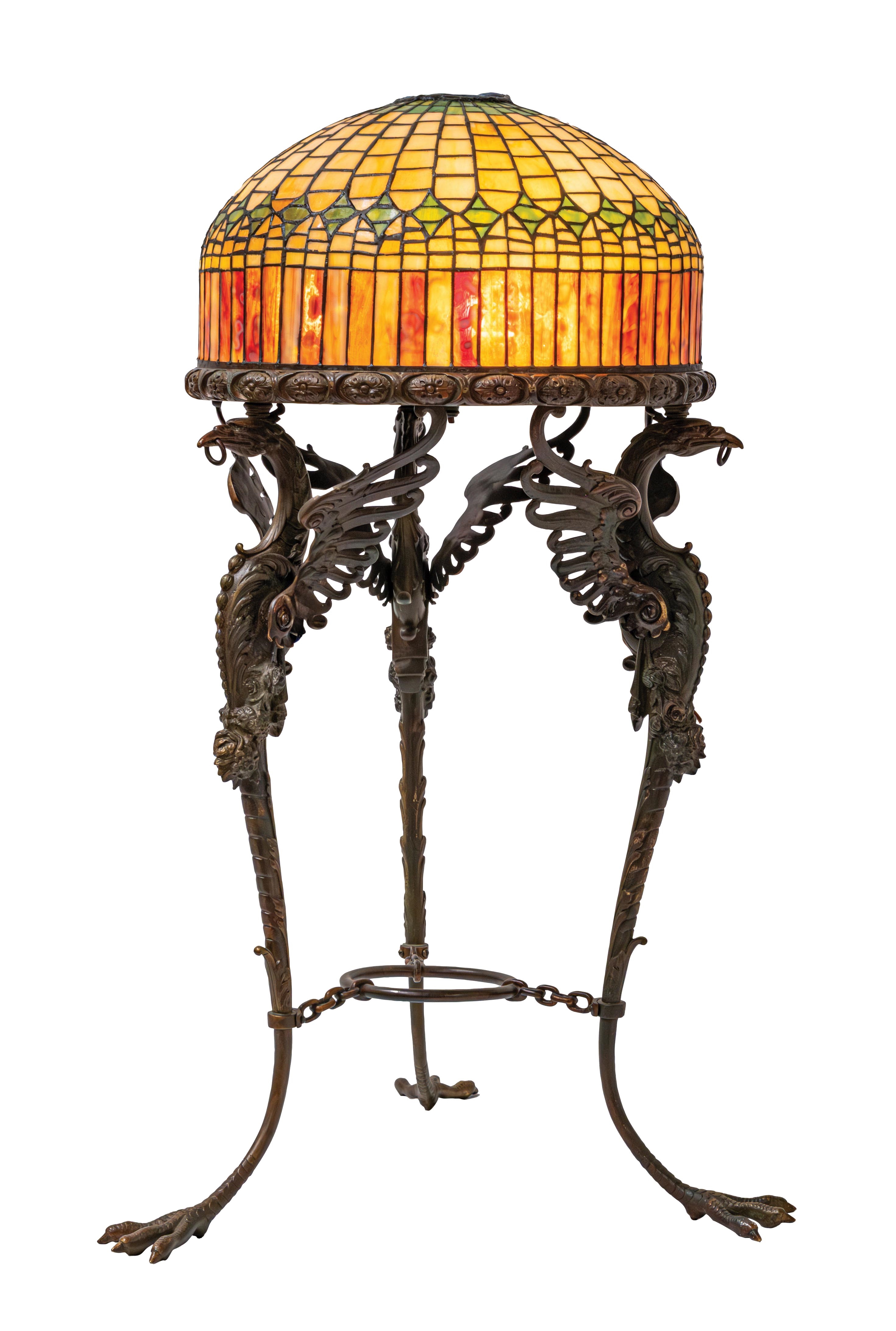 Tiffany Studios | BRONZE TRIPOD FLOOR LAMP WITH LEADED GLASS SHADE | MutualArt