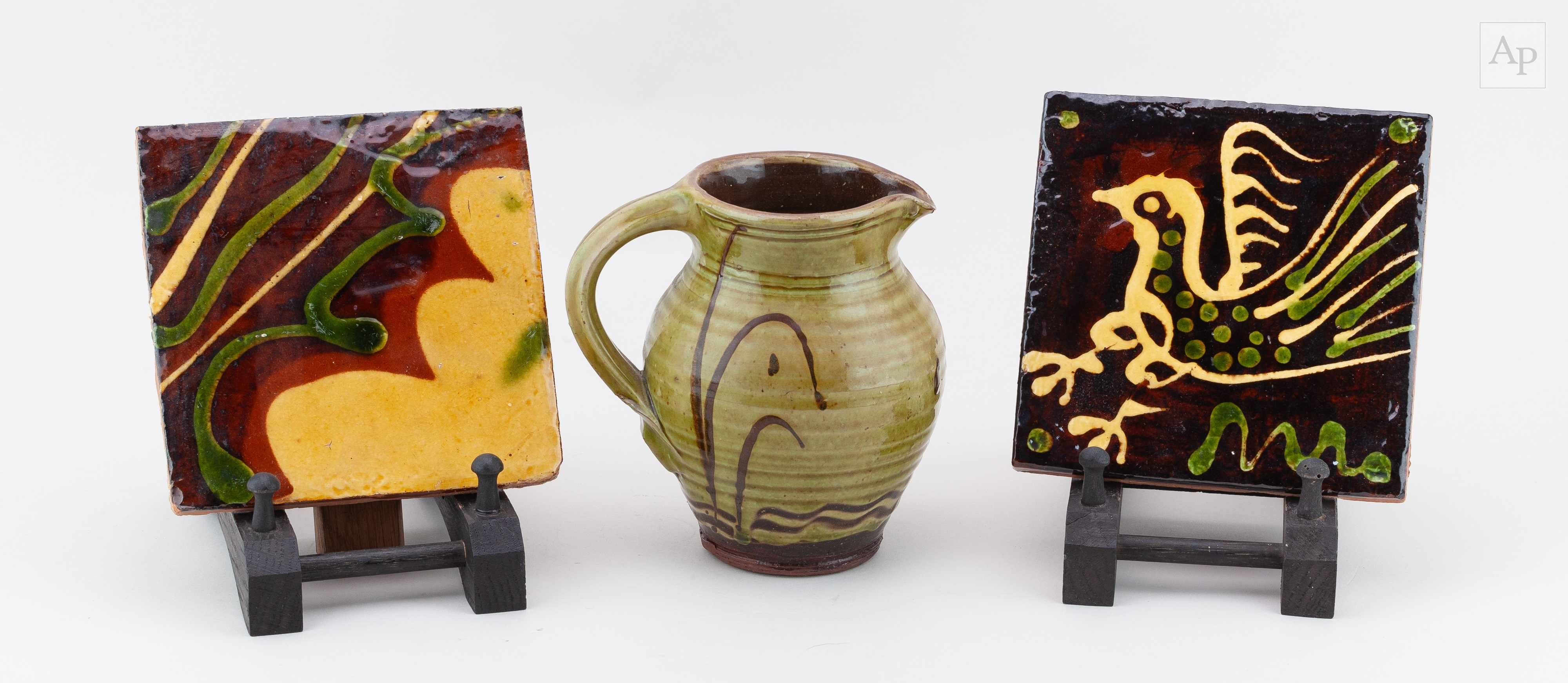 Clive Bowen | bellied slipware jug with trailed decoration on green ...