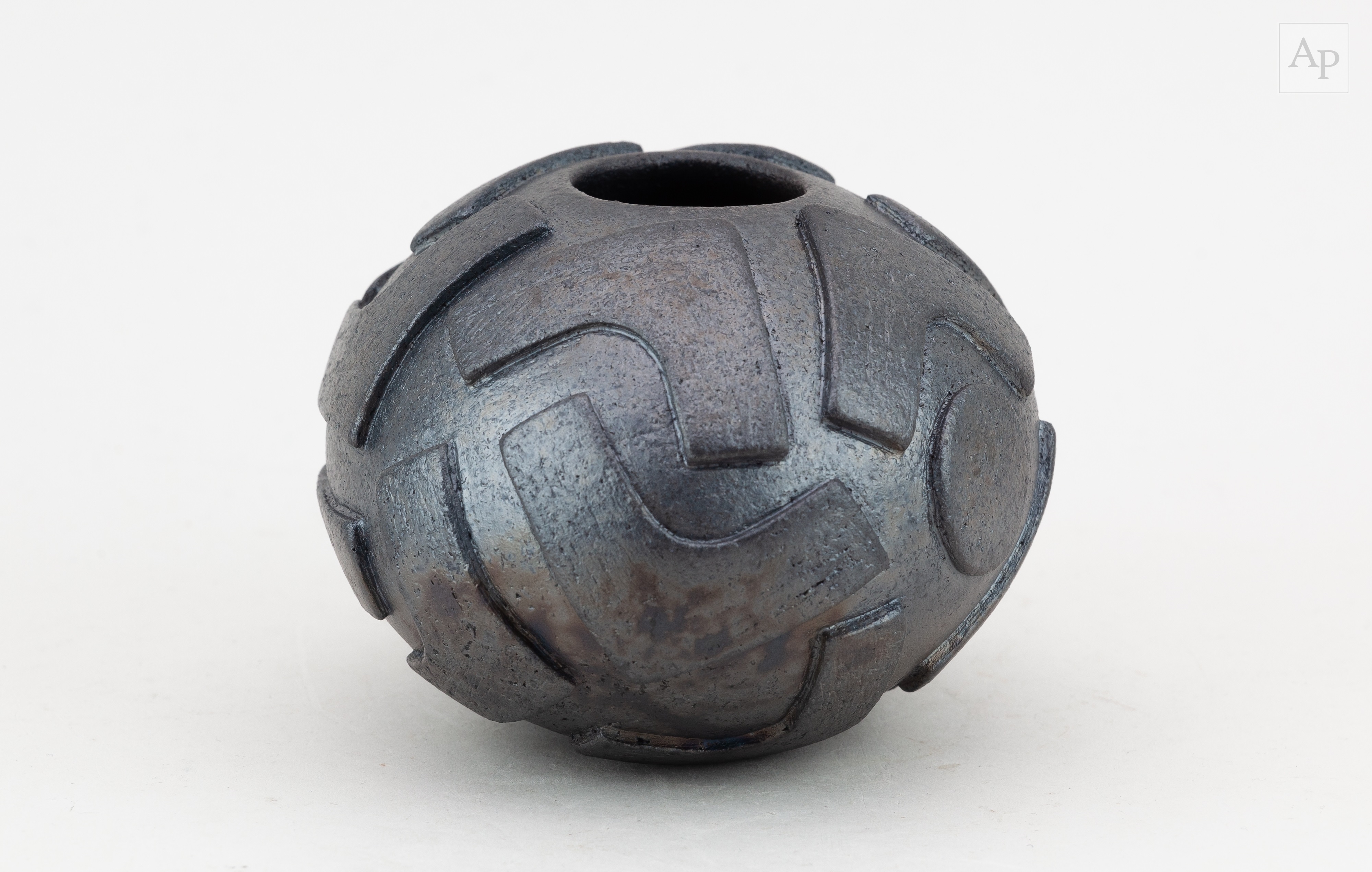 Sue Hanna | oval saggar fired pot with applied kuba decoration | MutualArt