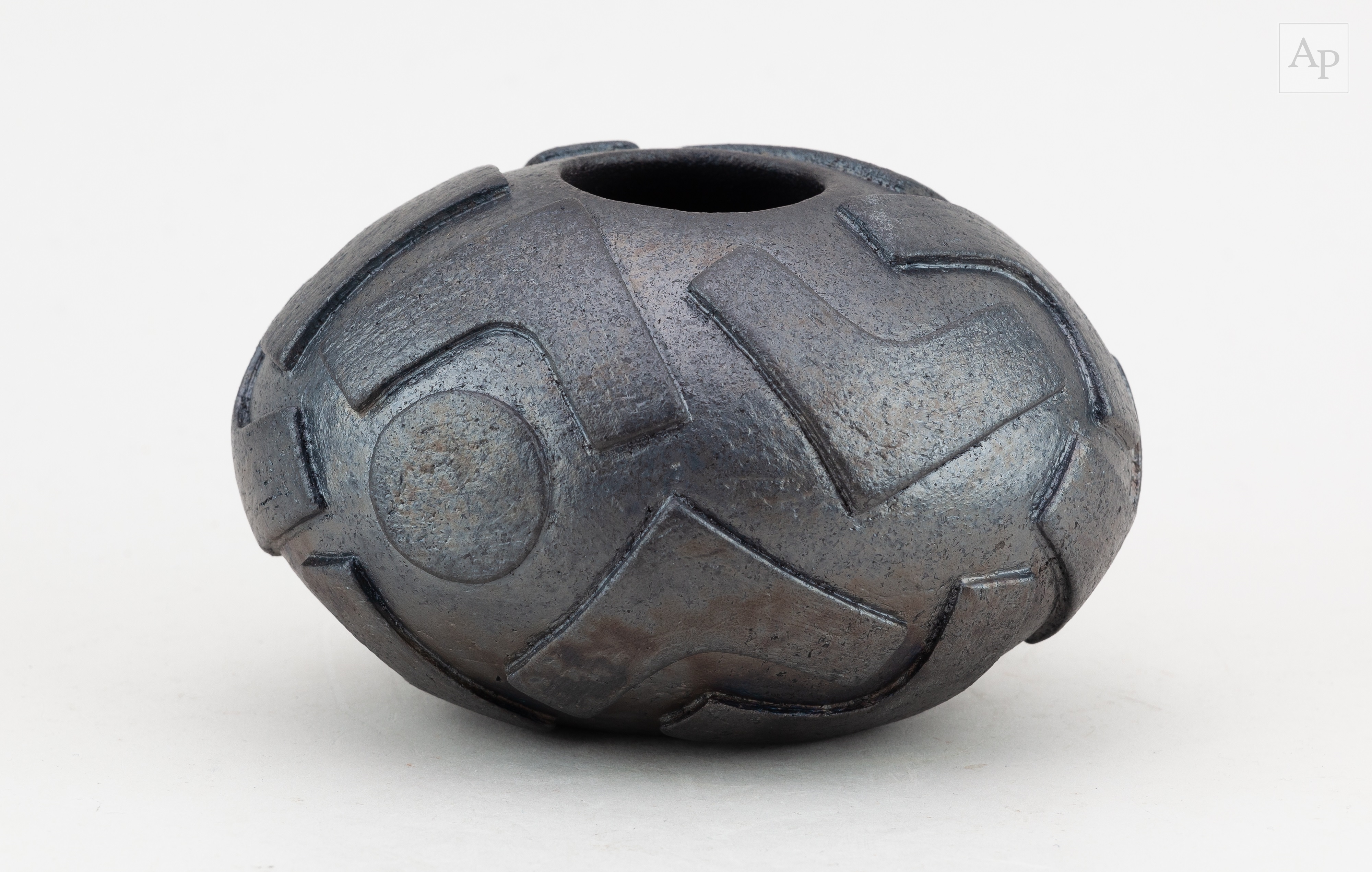 Sue Hanna | oval saggar fired pot with applied kuba decoration | MutualArt