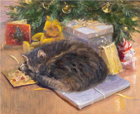 Iris Collett | Cat and Teddy Bear under the Christmas Tree | MutualArt