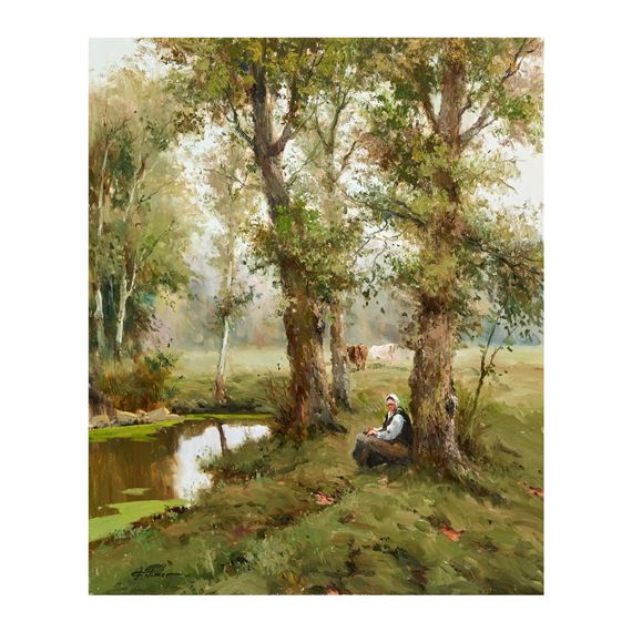 Josep Colomer Comas | Paisaje lacustre con campesina | MutualArt