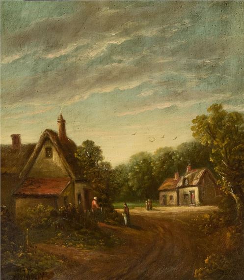 John Moore | A wooded landscape with figures on a path beside cottages ...