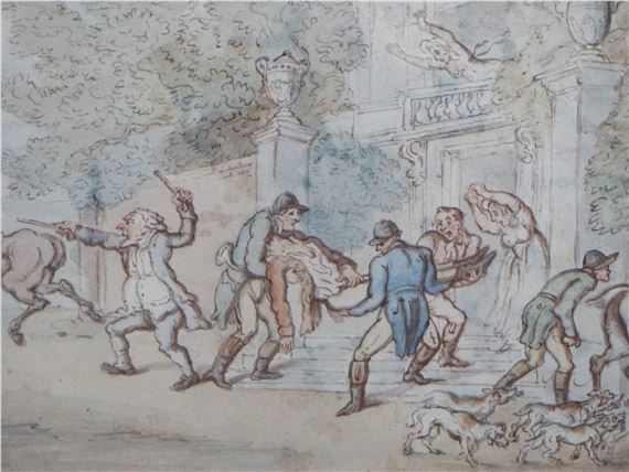Thomas Rowlandson | The fallen huntsman being carried indoors | MutualArt