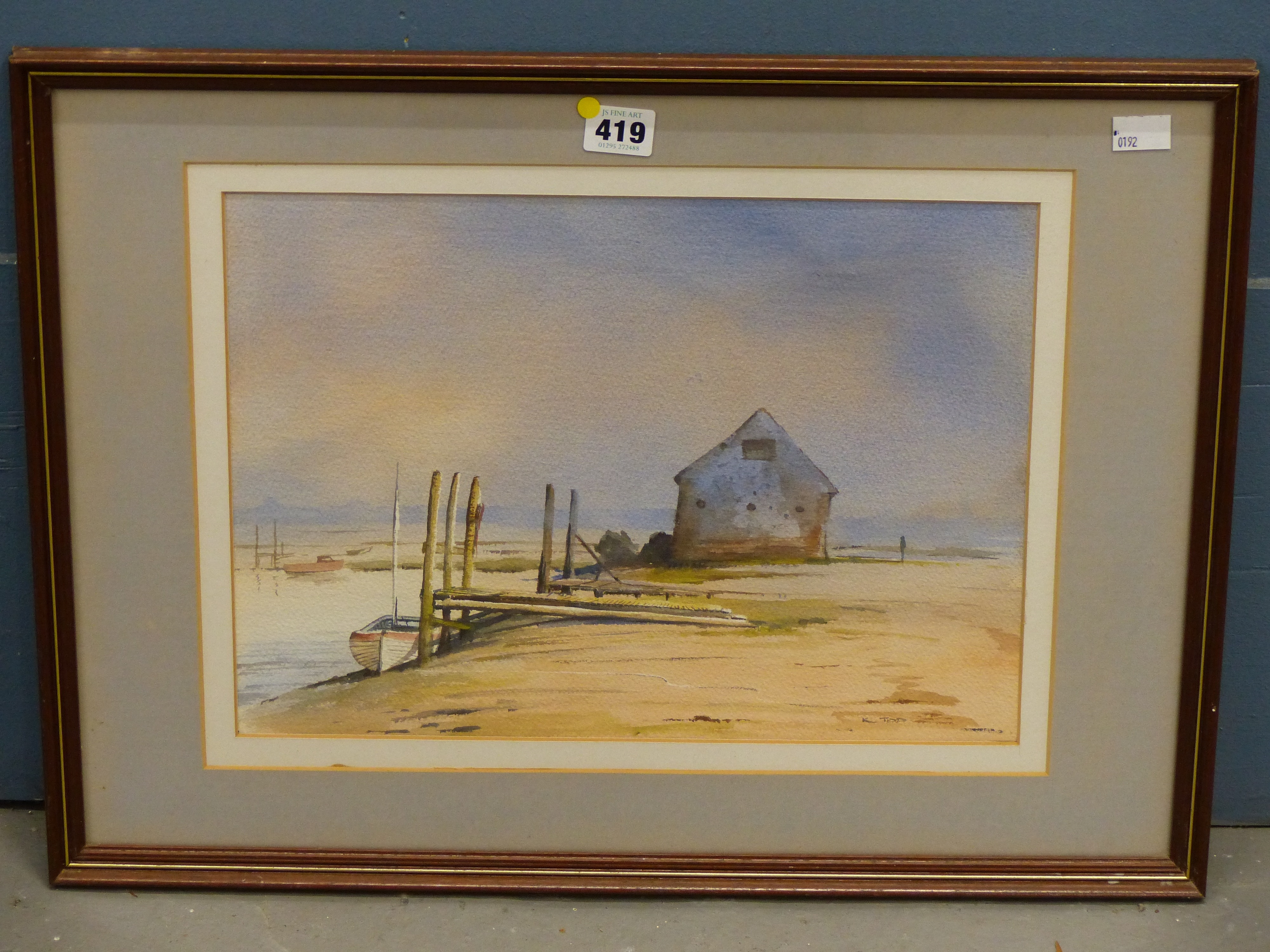 Ken Tidd | Beach moorings with a figure by a building | MutualArt