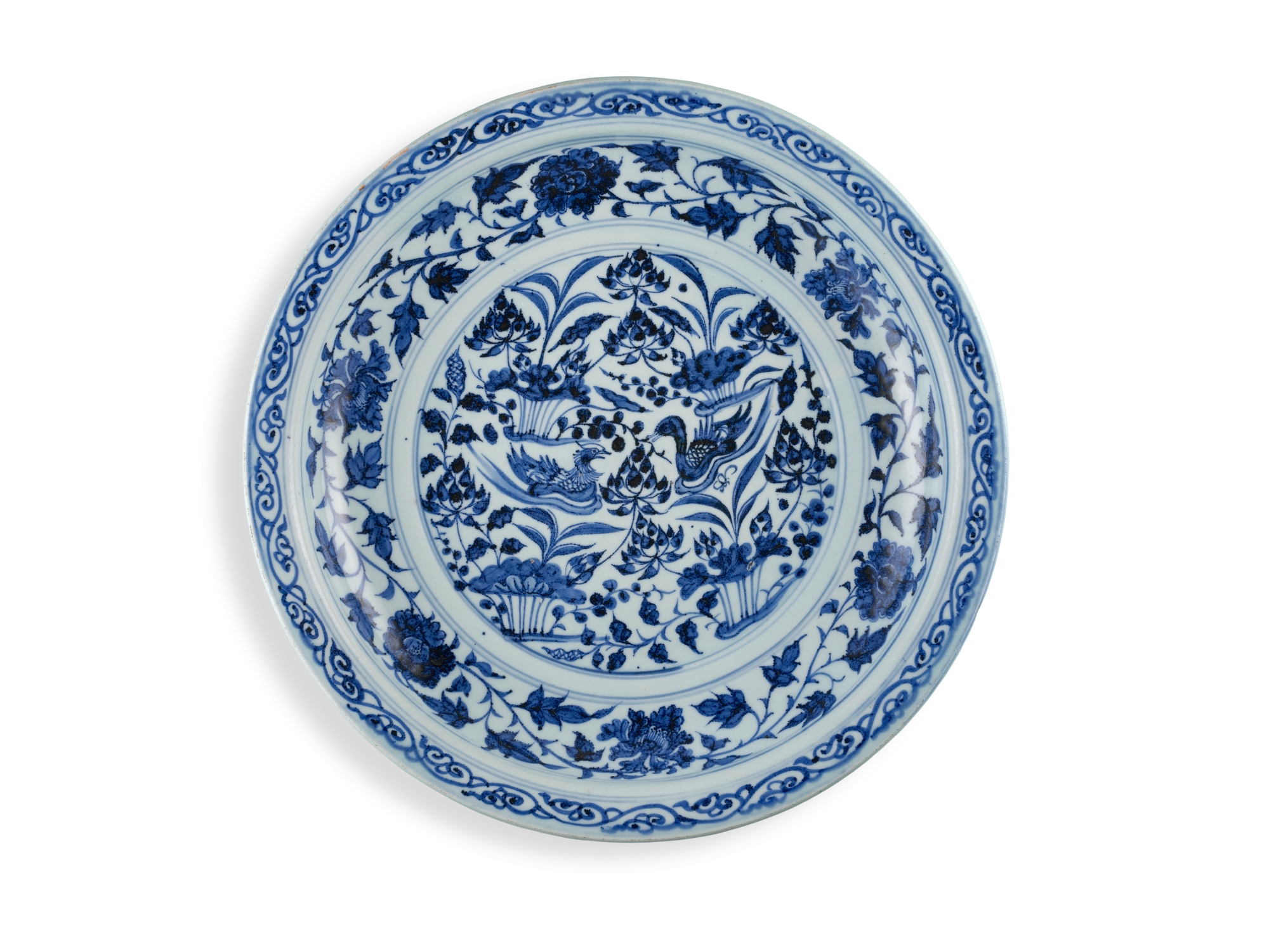 Chinese School | A rare blue and white 'mandarin duck' charger, Yuan ...