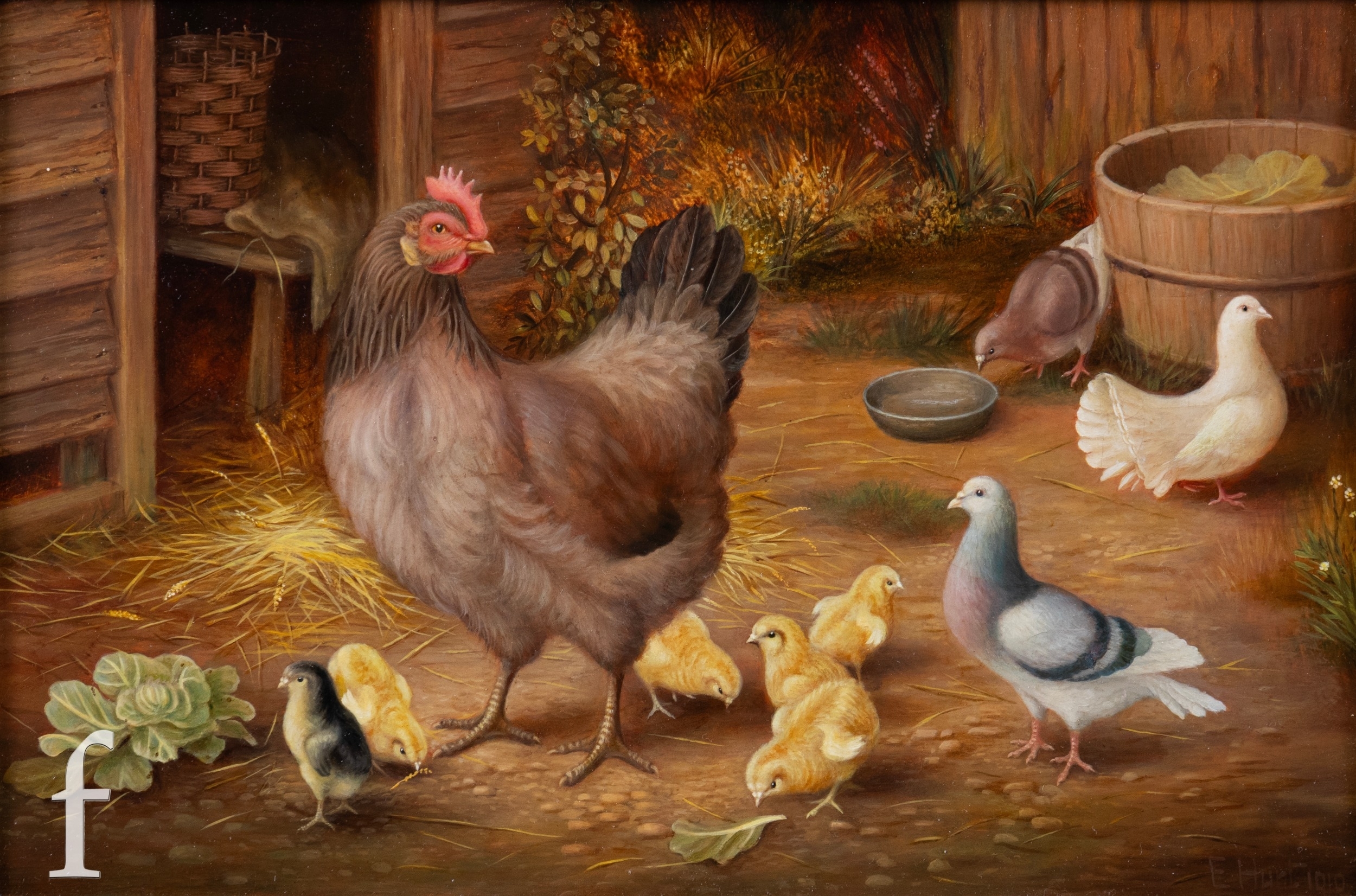 Edgar Hunt | Hen and chicks with pigeons in a farm yard (1910) | MutualArt