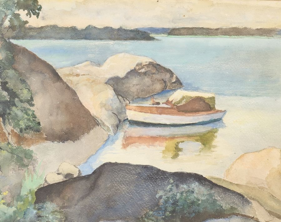 Carl Luthander | skärgård med träbåt | MutualArt
