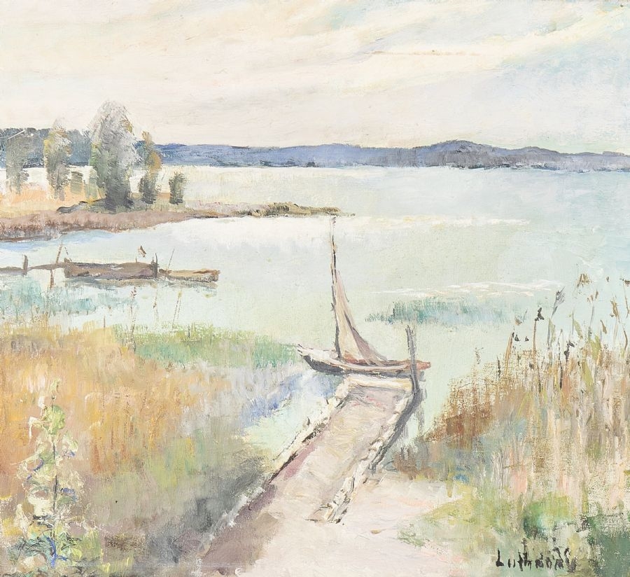 Carl Luthander | båt vid brygga | MutualArt