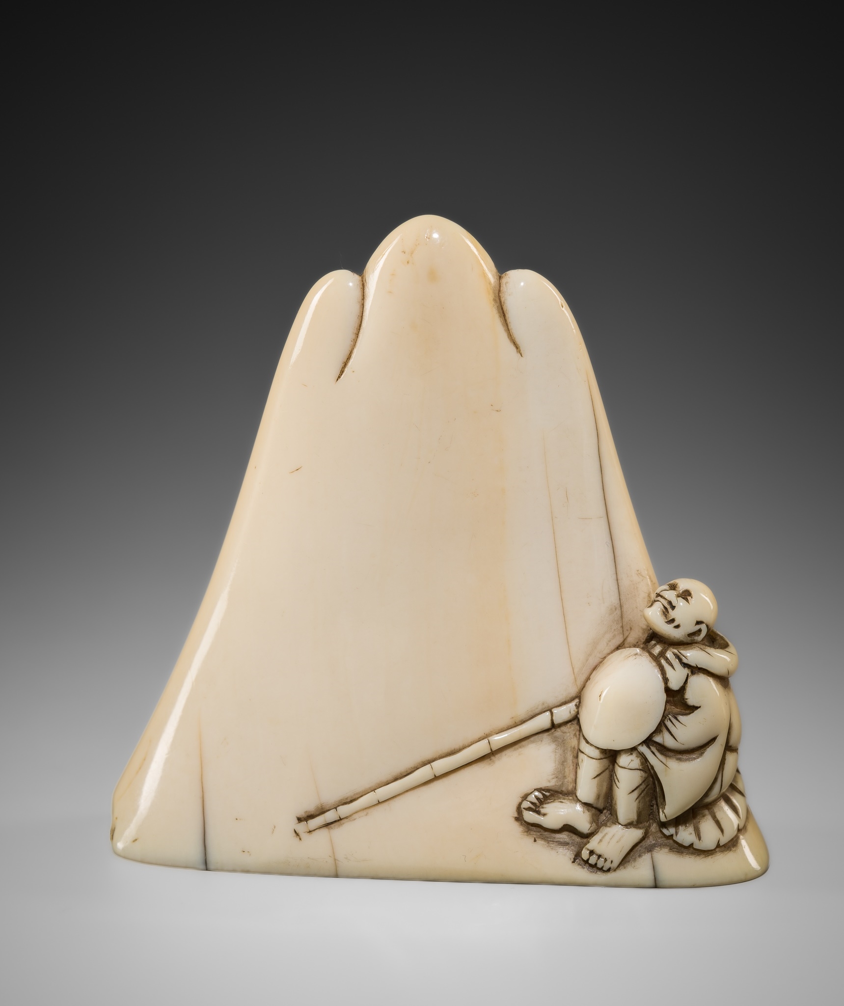 Saigyo Hoshi | A LARGE IVORY NETSUKE OF SAIGYO HOSHI VIEWING MOUNT FUJI (Late 18th Century ...