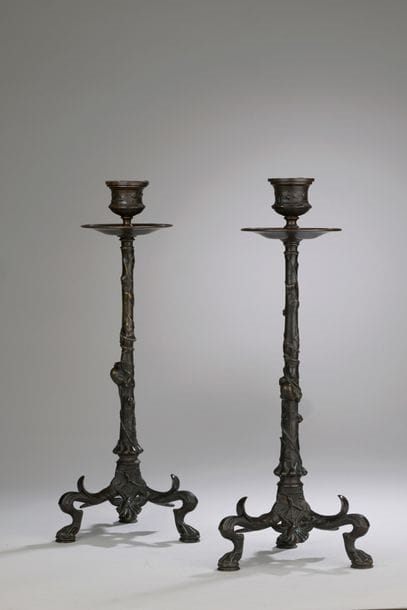Auguste Nicholas Cain | Pair of tripod candlesticks decorated with ...