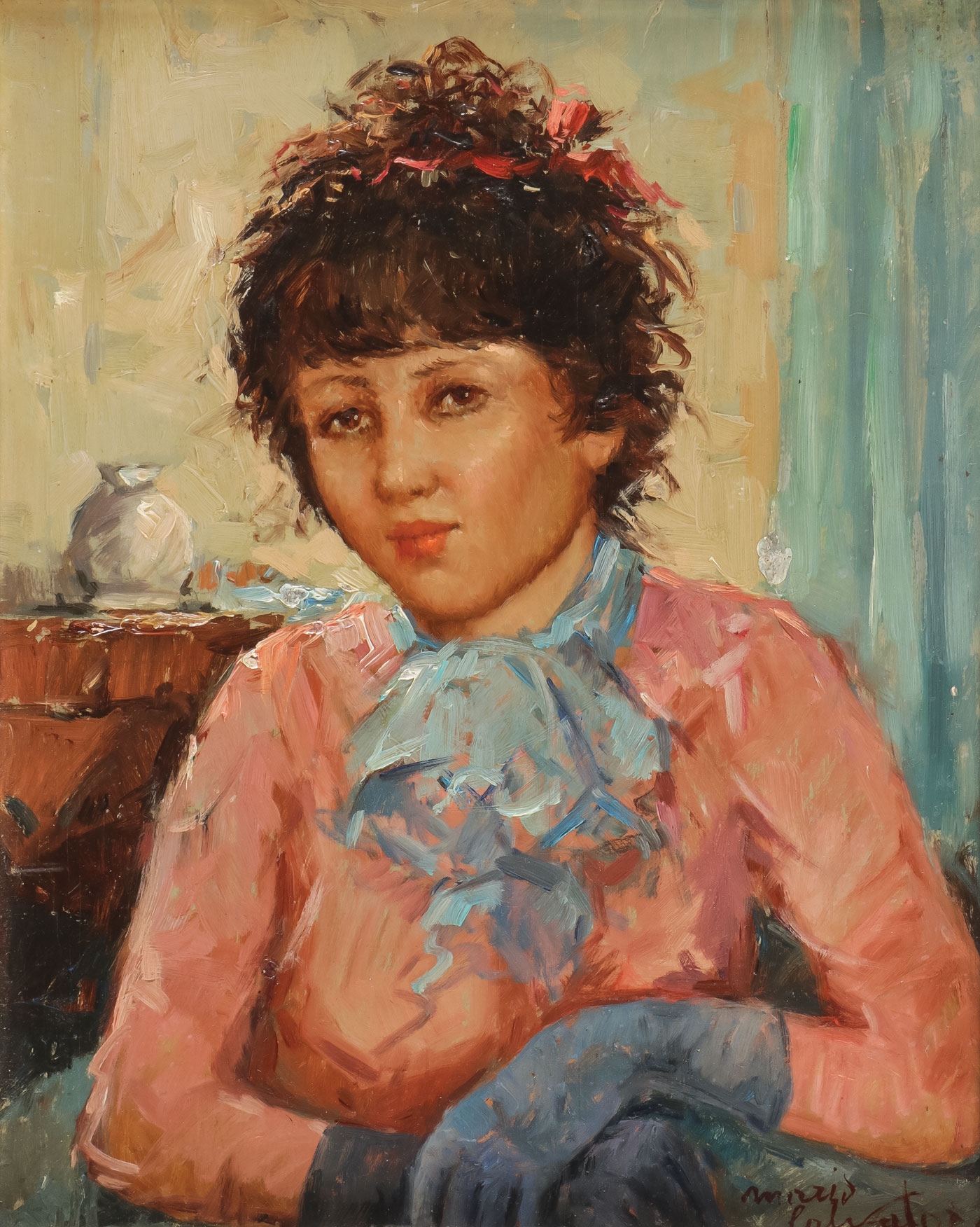 Mario Salvatori | Portrait of Young Woman in Pink Dress with Blue Scarf ...
