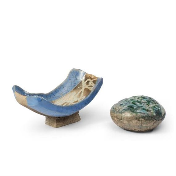 Agnès His | Raku-glazed ceramic pedestal bowl with blue, brown and gray ...
