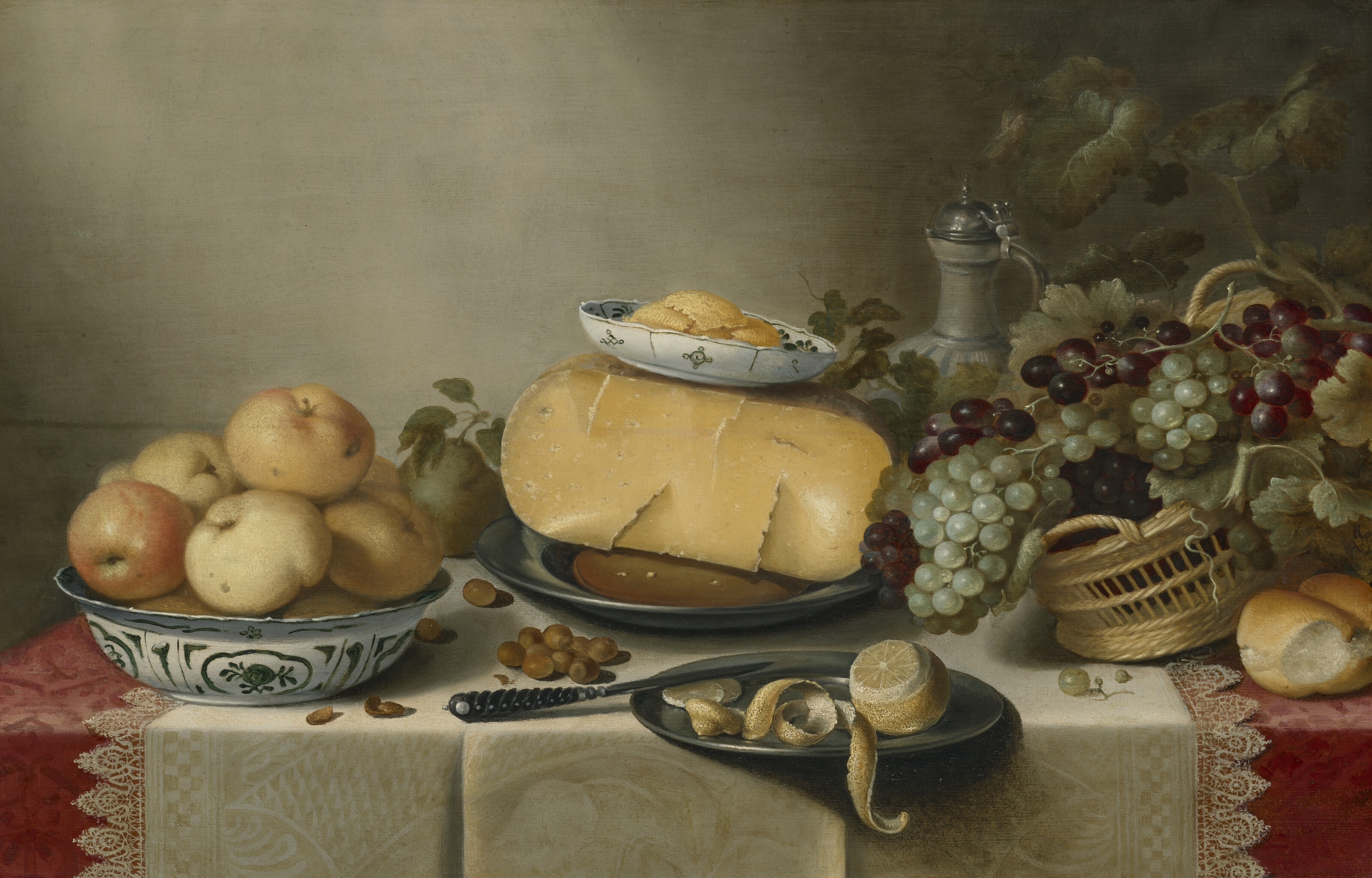 Roelof Koets | Cheese and a butter dish on a pewter plate, apples in a ...