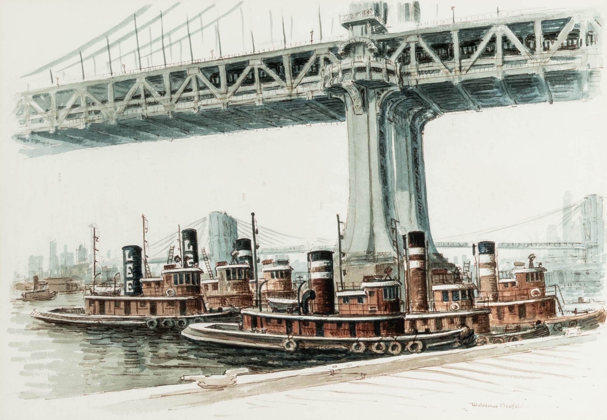 Woldemar Neufeld | Tugs Under Manhattan Bridge, Judds Bridge | MutualArt