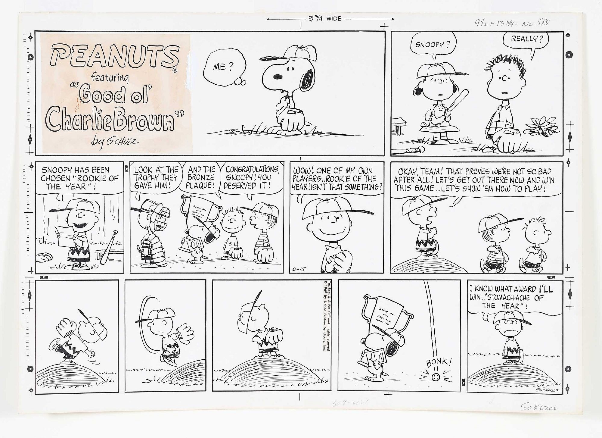 Charles Schulz | Snoopy is awarded Rookie of the Year trophy | MutualArt