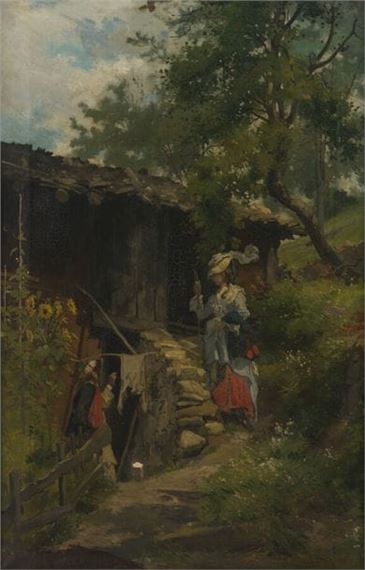 Auguste Bachelin | Two Women in Front of a Cabin | MutualArt