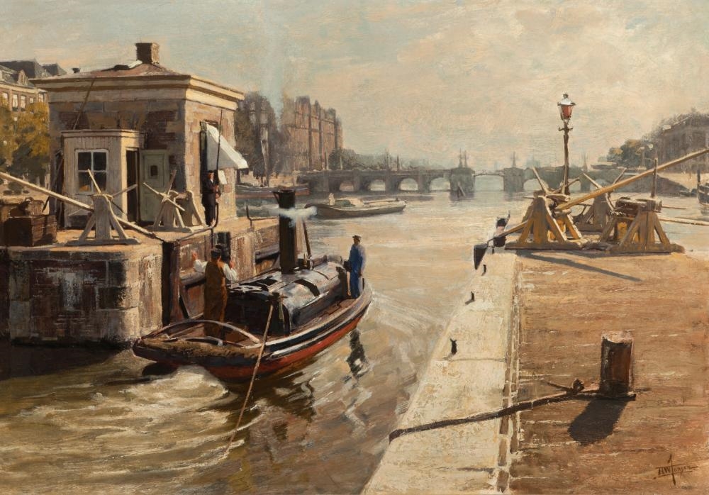 Hendrik Willebrord Jansen | Amstel locks with tugboat near Carré ...