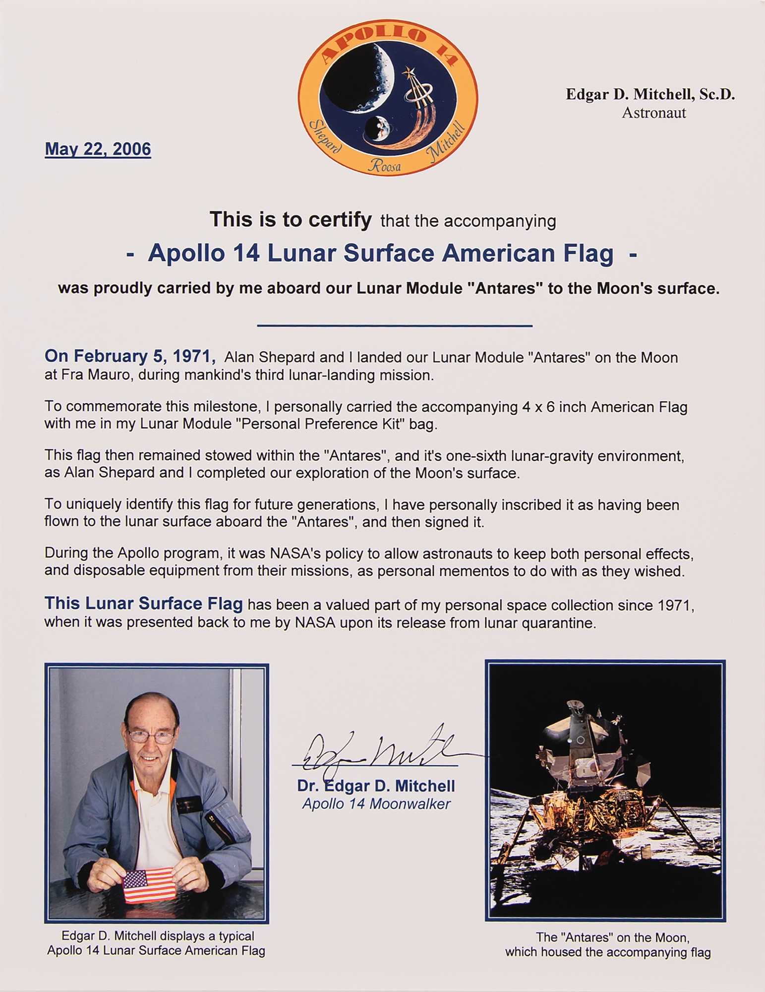 Edgar Mitchell | Apollo 14 Lunar Surface-Flown American Flag (1971) | MutualArt