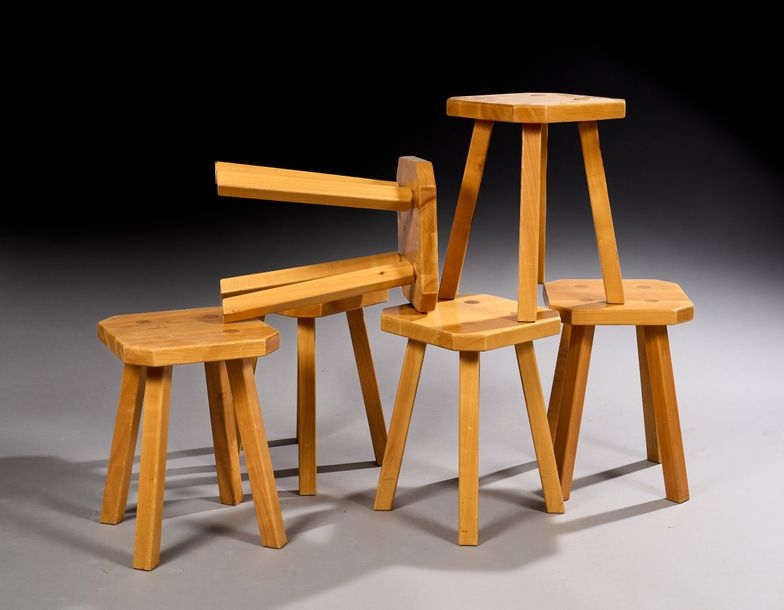 Charlotte Perriand | Suite of six pine stools with square seats on four square-section legs ...