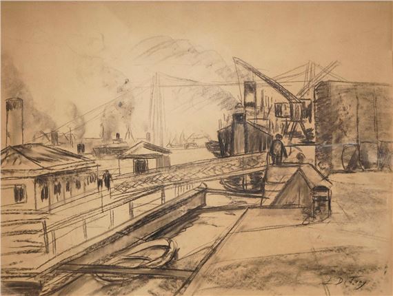 Léon Detroy | River port charcoal drawing on beige paper | MutualArt
