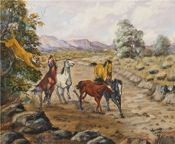 Judy Wolford Deems | Mountain Lion Attacking Horses (1987) | MutualArt