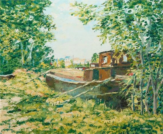 William Foreman | Moored barge along a river shore | MutualArt