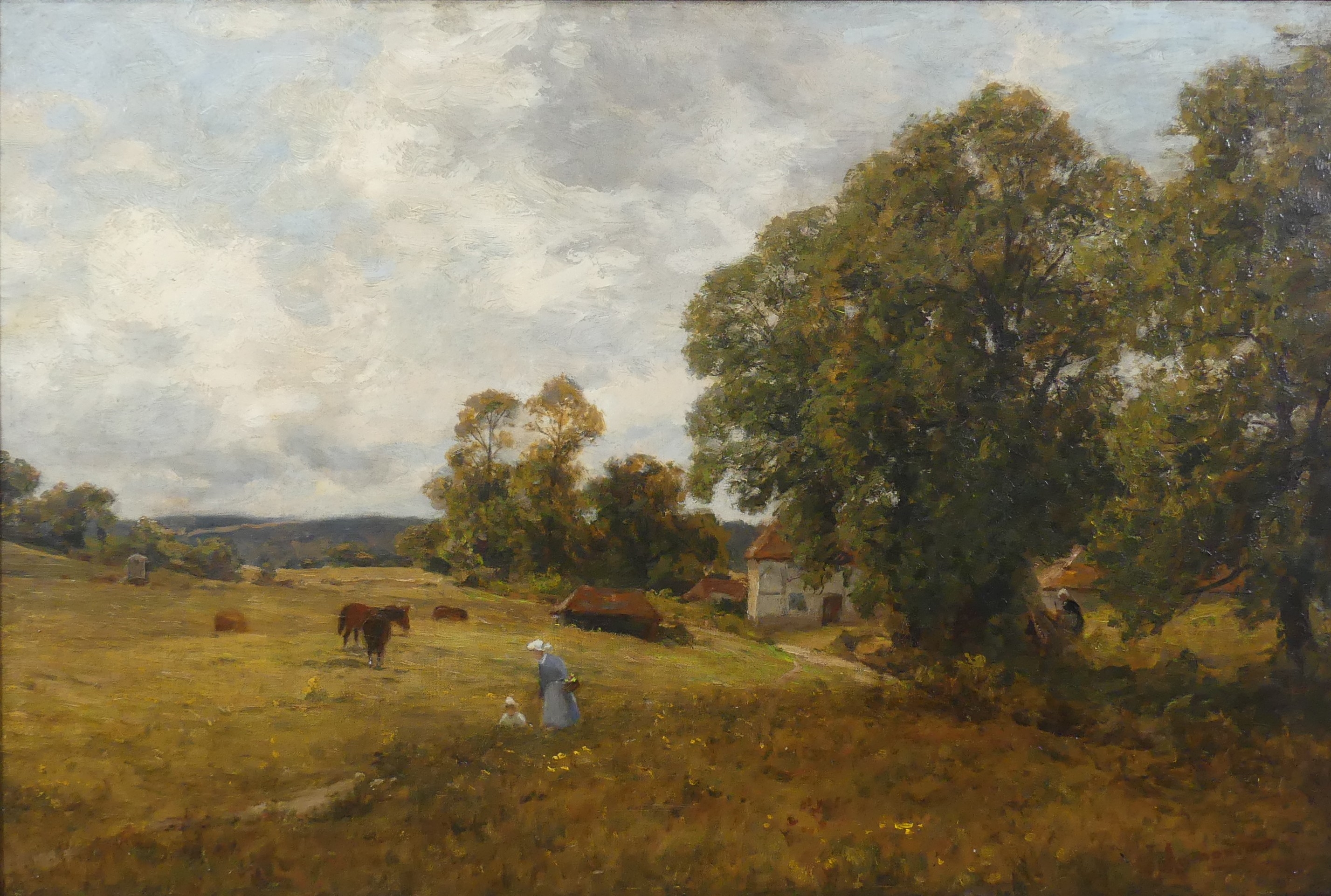James Aumonier | Flower-pickers in a pastoral landscape with horses ...