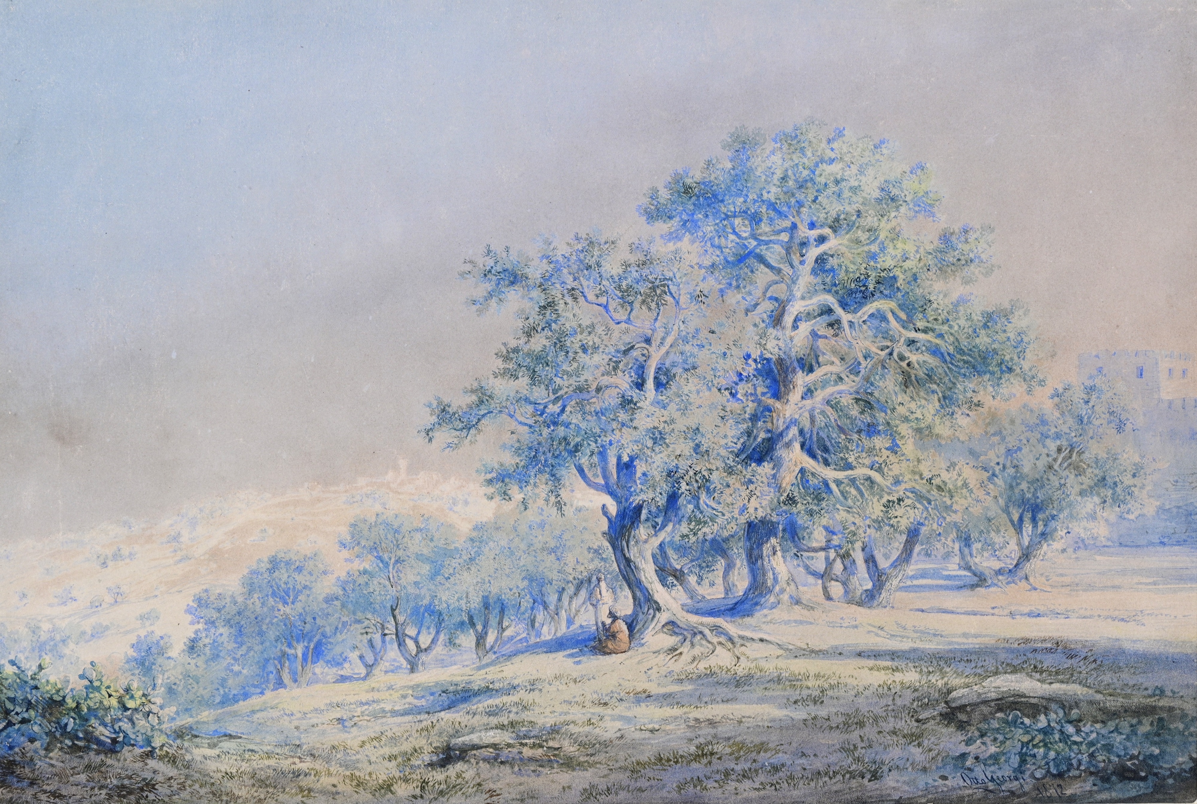 Friedrich Otto Georgi | a Jerusalem landscape with olive groves, two ...