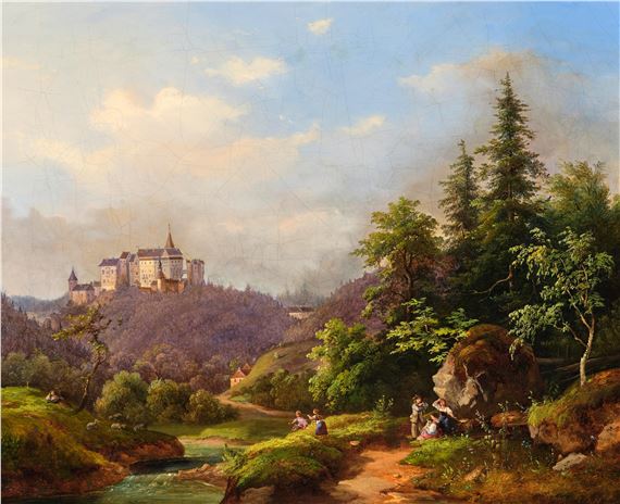 Josef Jonas | Scene with travellers near Pernstein Castle (1851 ...