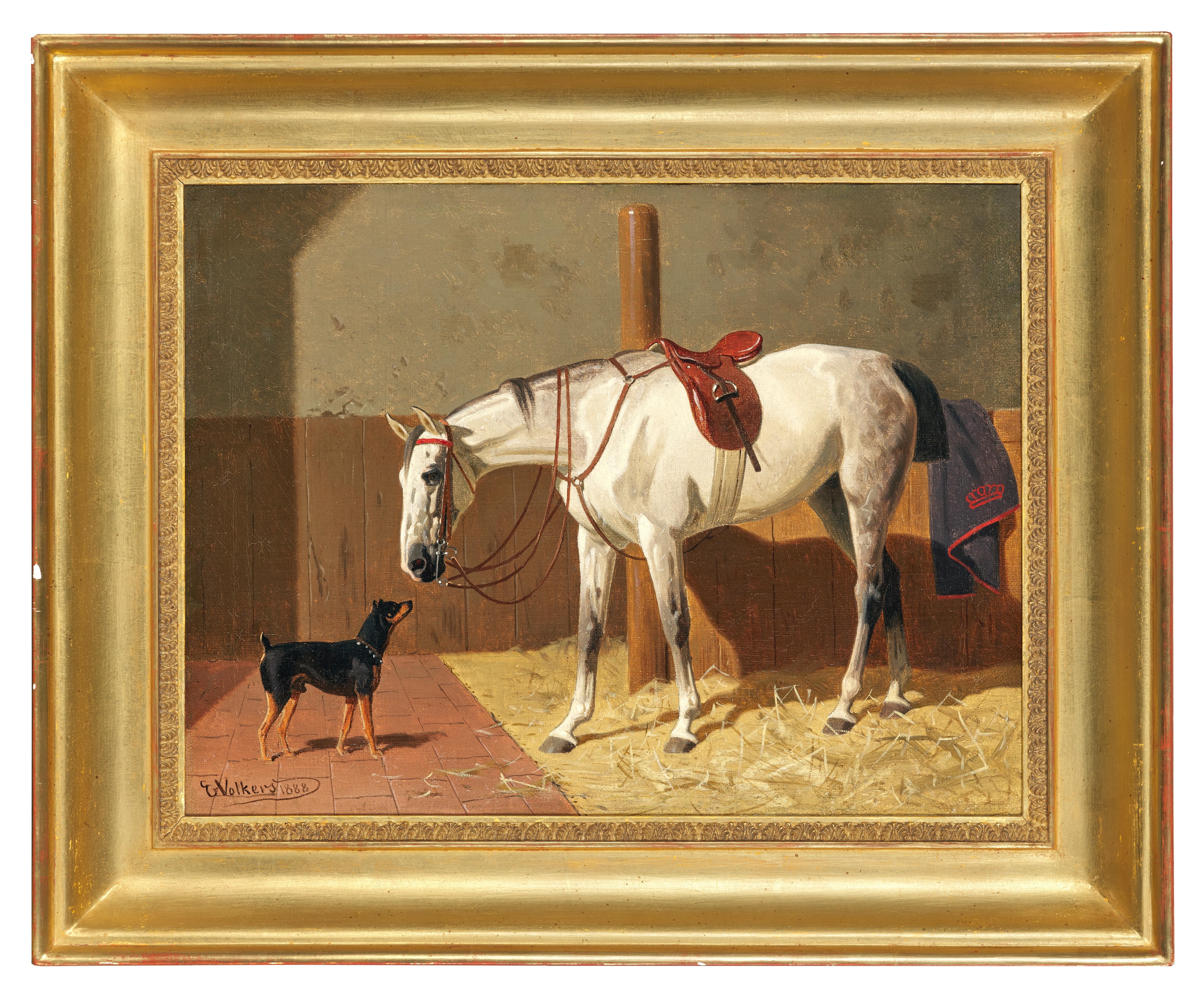 Emil Volkers | A white horse and a dog in a stable (1888) | MutualArt