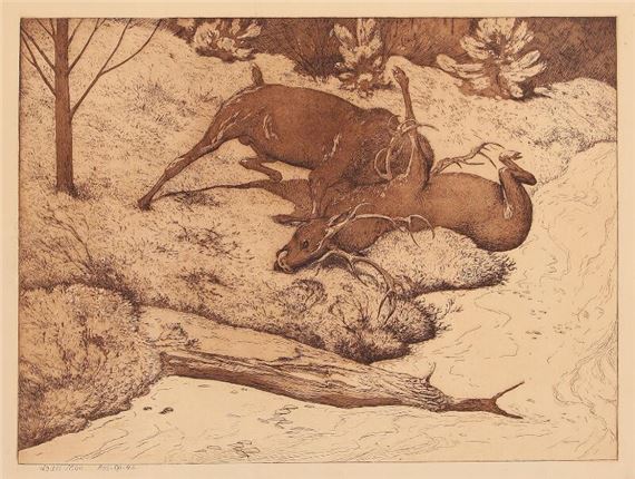 Louis Moe | Landscape with fighting red deer (48) | MutualArt