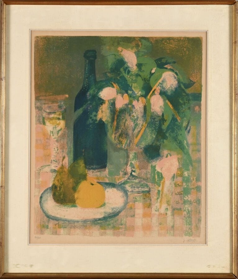 Paul Collomb | Still life with bottle and fruit | MutualArt
