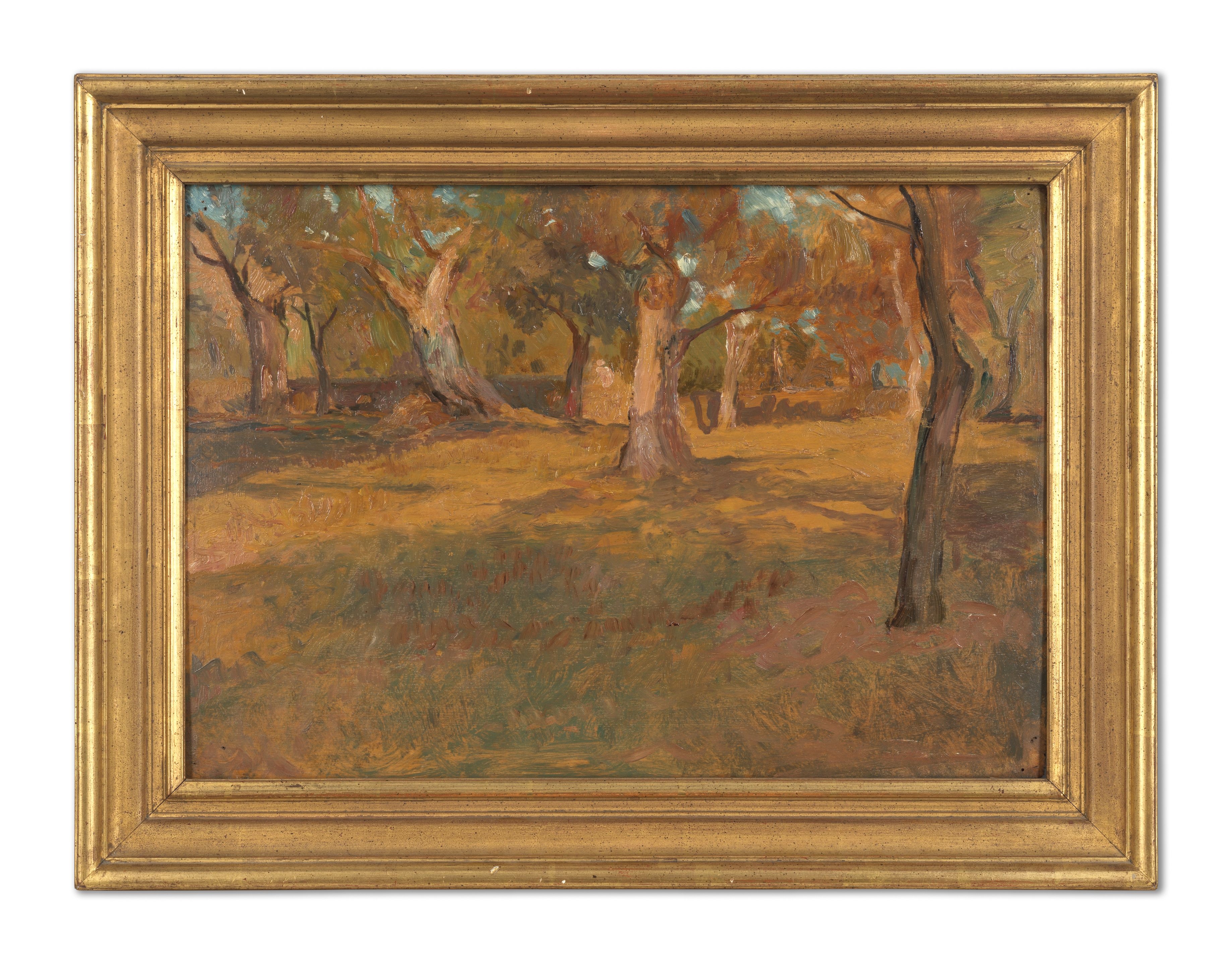 William Blake Richmond | Tree trunks at sunset | MutualArt