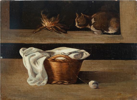 French School, 18th Century | Gato junto a Cesto de Ropa | MutualArt