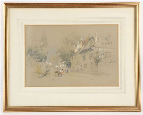 British School, 19th Century | a view of figures on a road in Geneva ...