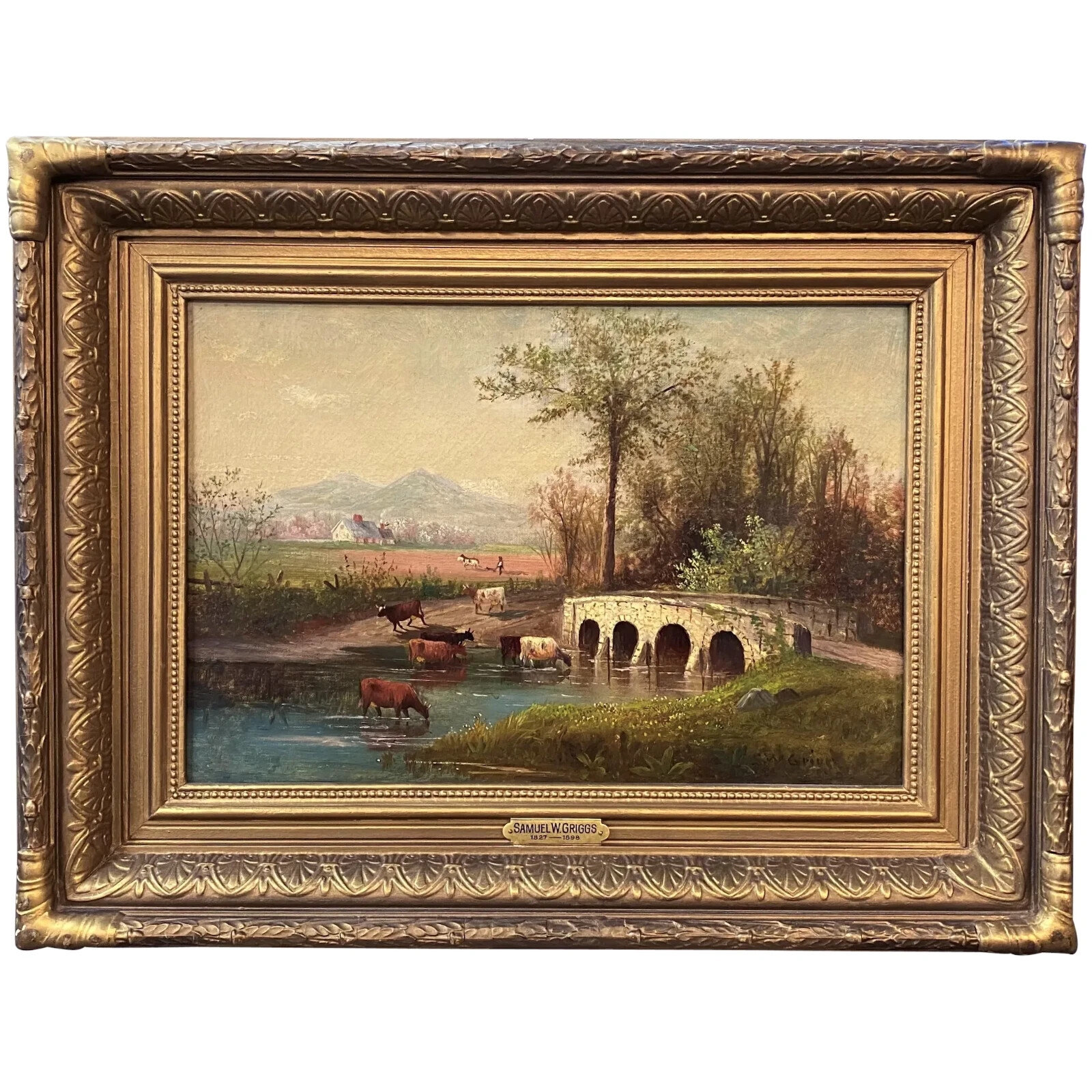 Samuel W. Griggs | Landscape Oil Painting with Cattle & Bridge | MutualArt