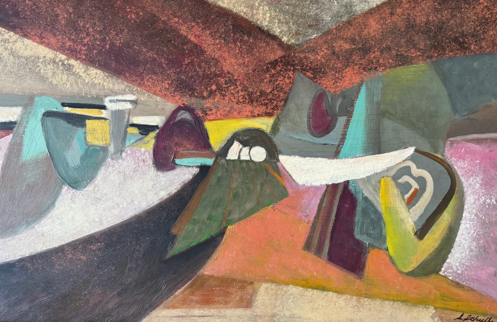 Richard Schultz | Abstract Shapes Oil Painting (Circa 50s) | MutualArt