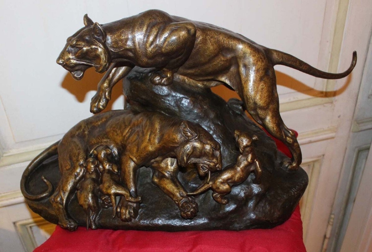 Clovis Edmond Masson | Antique Rare Bronze Sculpture Tiger Family (Late ...