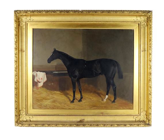 John Duvall | Black Horse in a Stable, with rug in corner | MutualArt