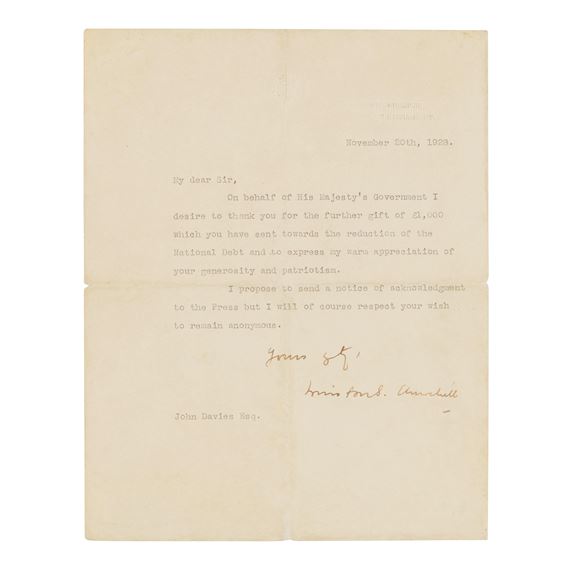 Davies John | Typed Letter Signed (Winston S. Churchill) to John Davies ...