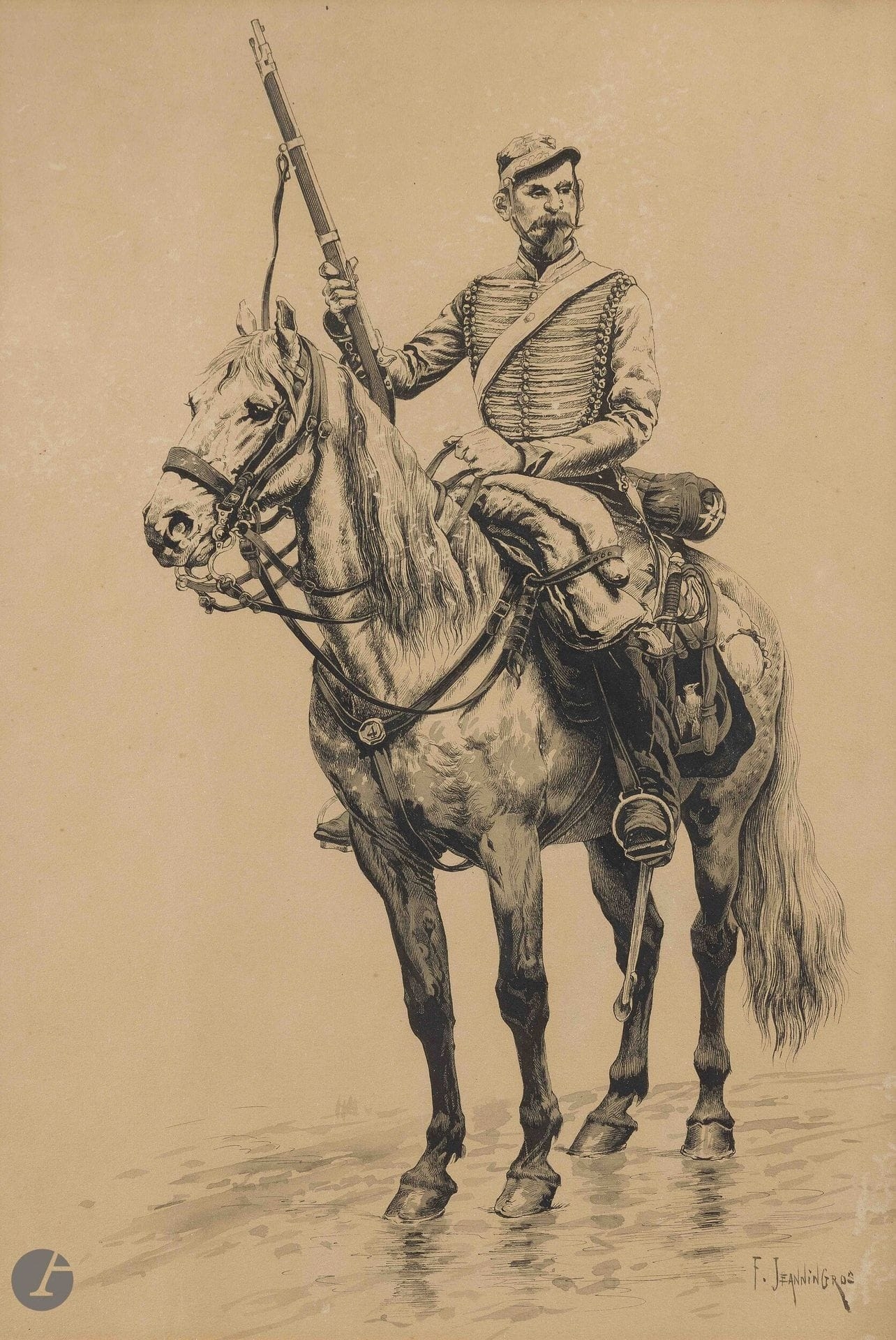 F. JEANNINGROS | Hussar of the 4th Regiment on Horseback Drawing in ink ...