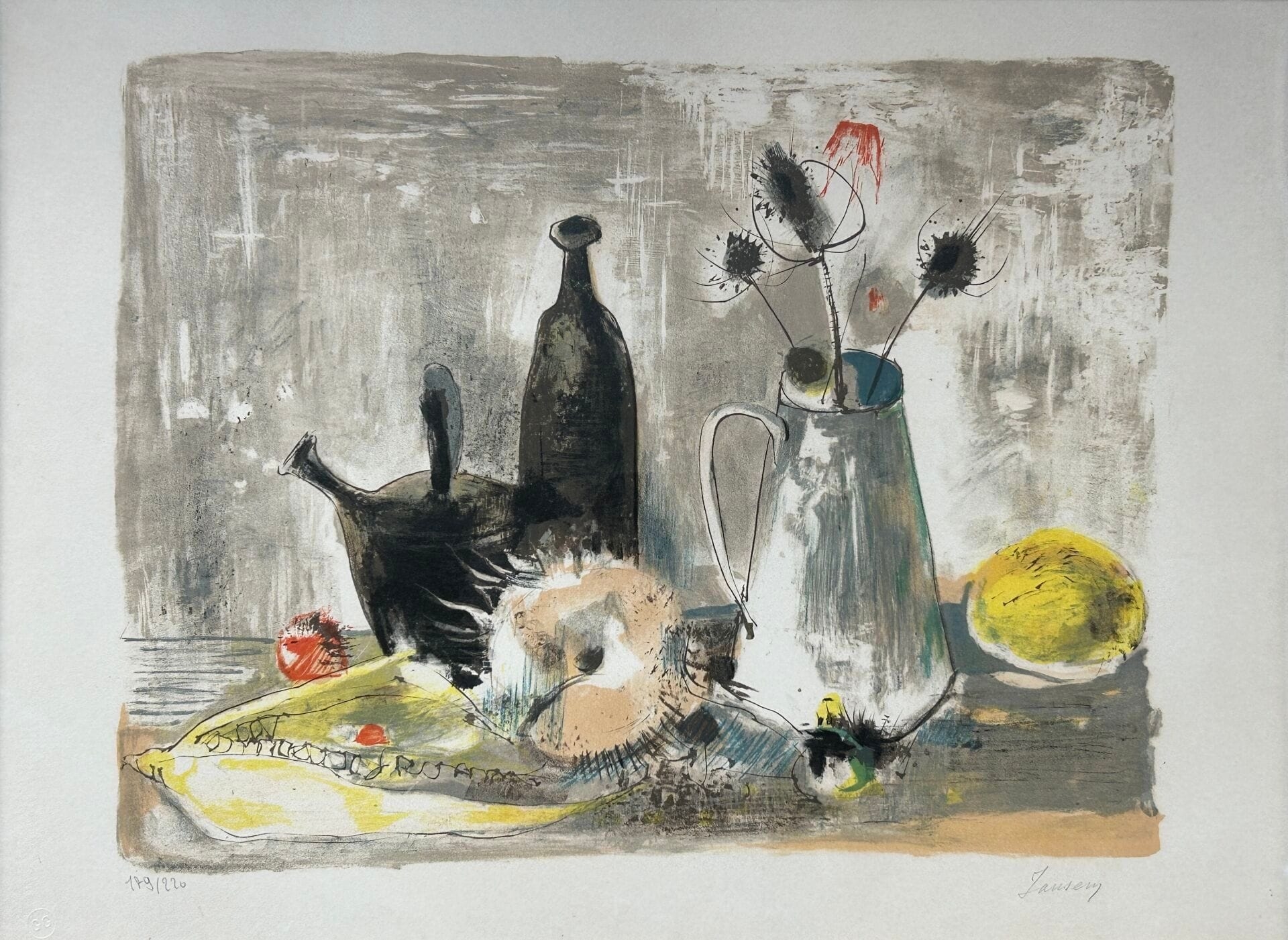 Jean Jansem | Still life with flower pitcher, bottle, jug and fruit ...