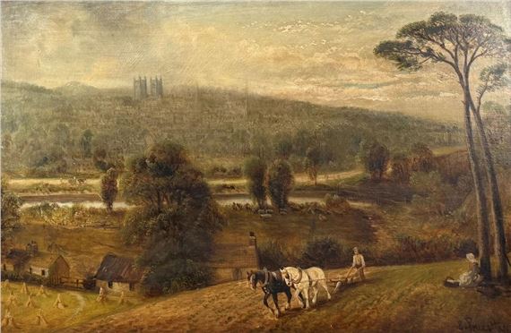Edward Priestley | Rural Landscape Figure Ploughing Fields (1850 - 1860 ...