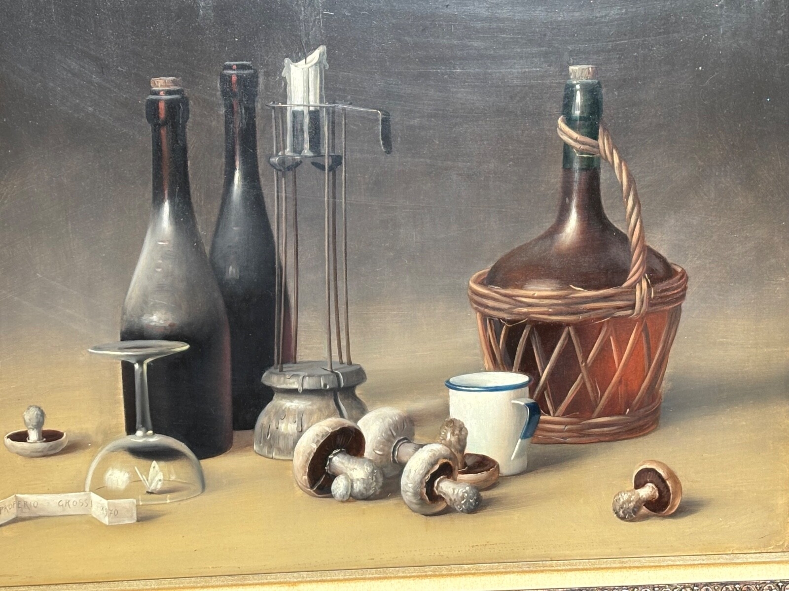 Proferio Grossi | Still life Wine bottles Mushrooms Original (1970 ...