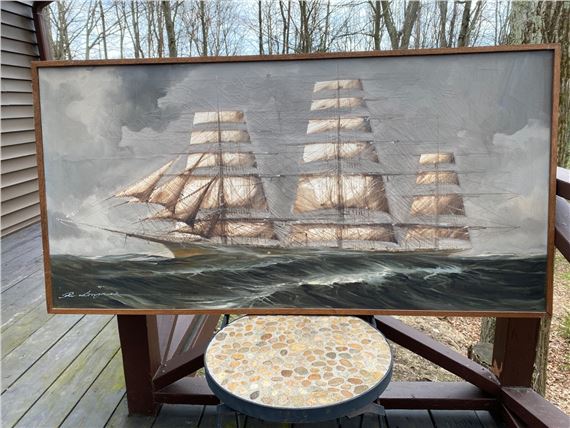 Null Zero | Framed, signed oil painting of three masted Sailing Ship ...