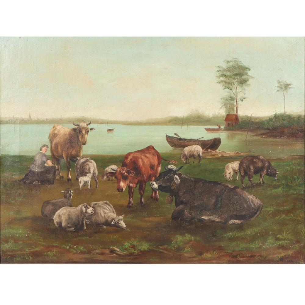 Hacker Adolf | milkmaid, cattle and sheep on the lake shore landscape | Compare similar artworks ...