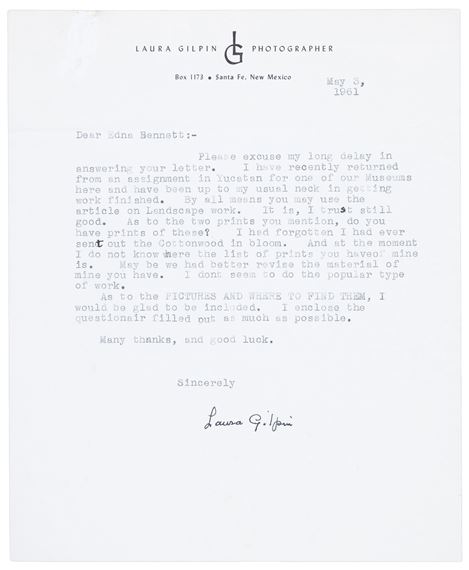Laura Gilpin | Typed letter from Laura Gilpin to Edna Bennett (1961 ...