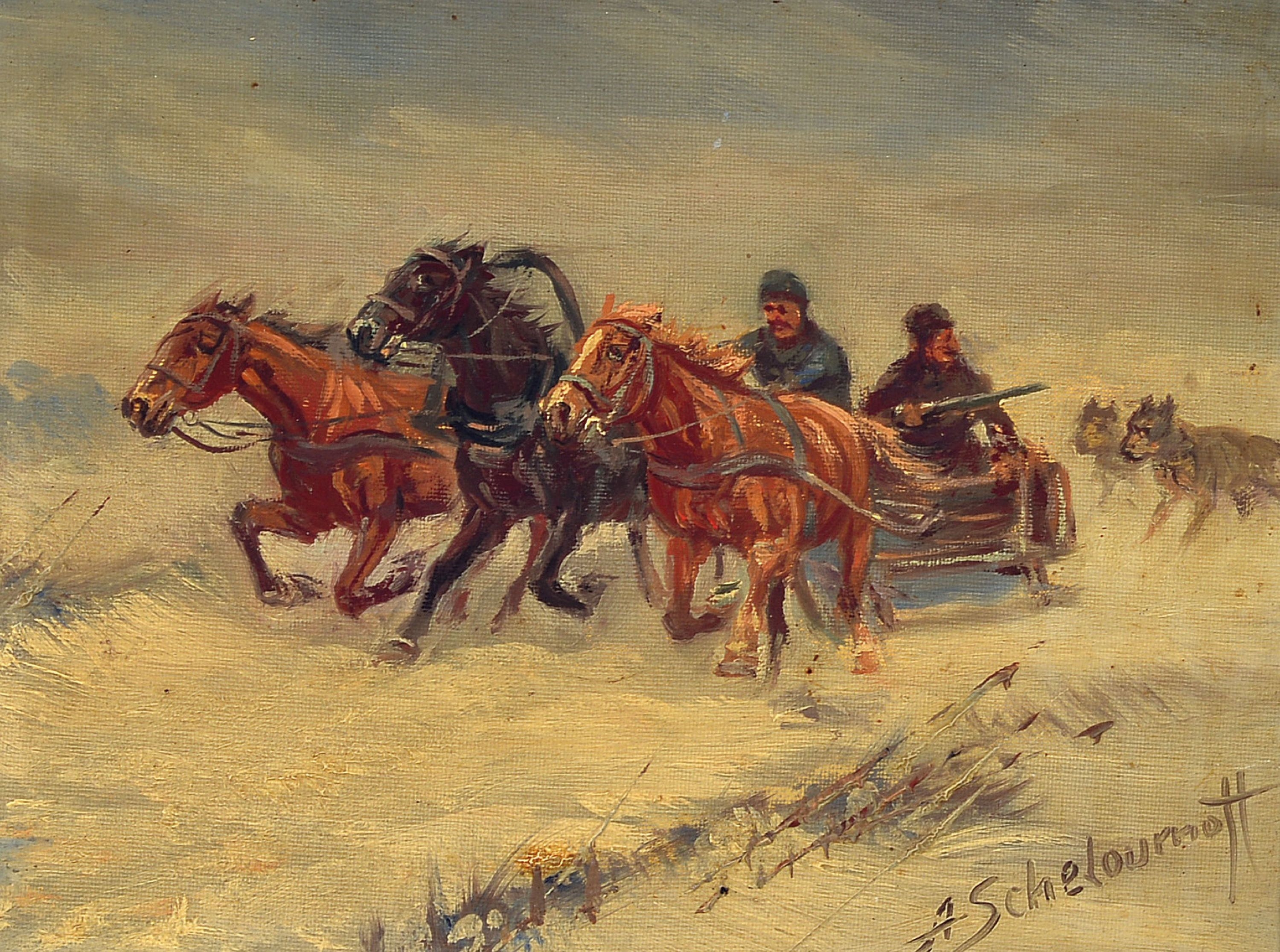 Afanasij Ivanovich Scheloumoff | Troika sleigh chased by wolves | MutualArt